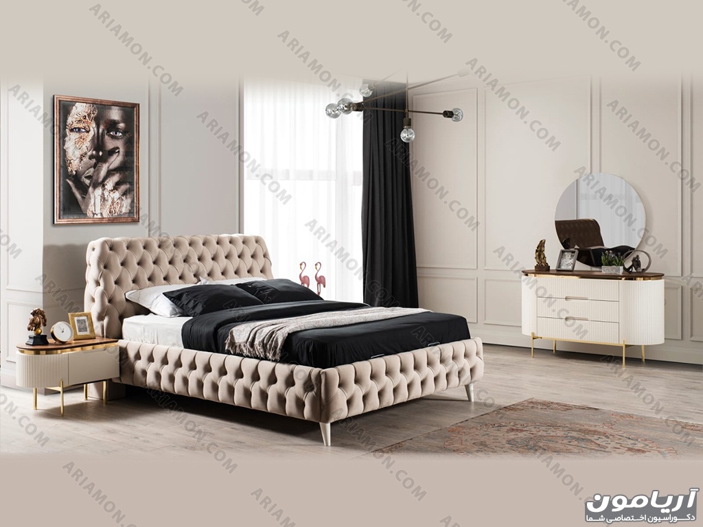 سرویس خواب دو نفره چستر مدرن با رنگ روشن کرم استخوانی جدید